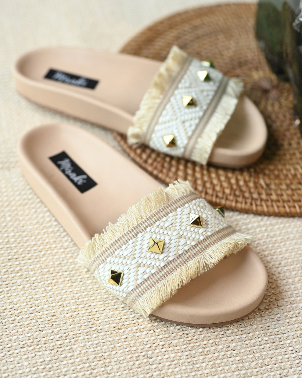 Beige Jute Studded Slides – Miraki